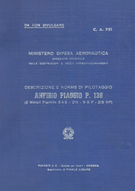 1953 PIAGGIO P136 Amphibious CA751 Pilot's Manual AERONAUTICAL AIRCRAFT ...
