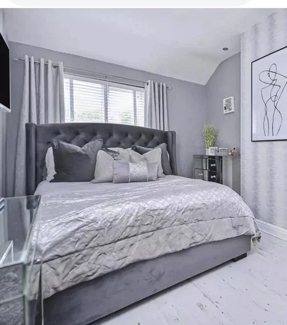 USED GREY PLUSH Velvet side winged Double Bed £146.30 - PicClick UK