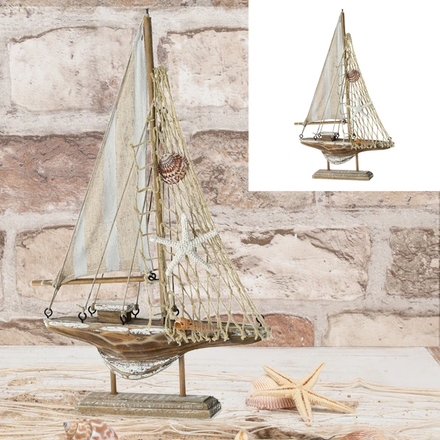 DEKO HOLZ SEGELBOOT Treibholz Look Seestern Muschel maritim Schiff Boot ...