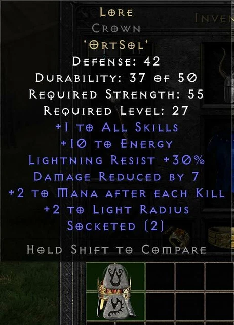 DIABLO 2: RESURRECTED - Lore Runeword Crown +1 to all skills helm D2R ...