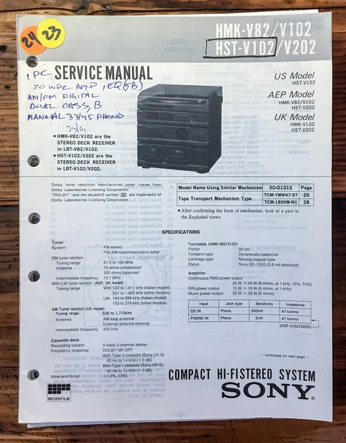 SONY HMK-V82 -V102 HST-V102 -V2-2 Stereo Service Manual *Original* £11. ...