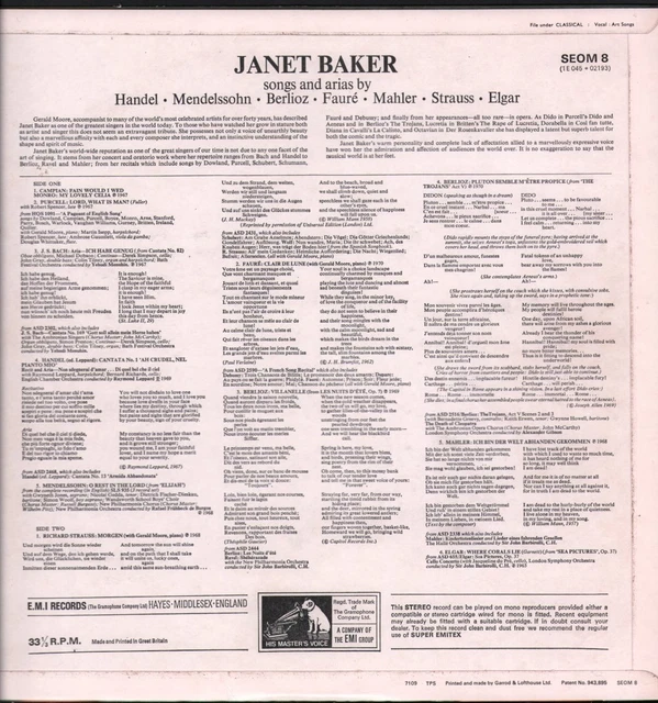SEOM8 JANET BAKER Songs and Arias par Purcell, J.S. Bach, commerce ...