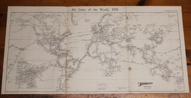 'AIR LINES OF The World, 1938' Trifold Aviation Map, Inc Zeppelin New ...