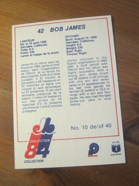 1984 STUART FOOD Issue #10 Bob James - Montreal Expos ZB3 $3.00 ...