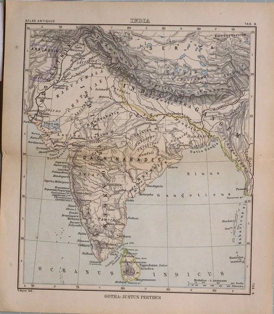 1895 SMALL MAP India Ceylon Dachinabades Gangem Muziris Hippocura ...