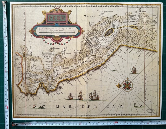 ANTIQUE HISTORIC VINTAGE Old Colour Poster Map of Peru 1600s REPRINT ...