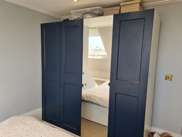 IKEA PAX DOUBLE Wardrobe X2 With 3 Grimo Door, Dark Blue & Vikedal Door ...