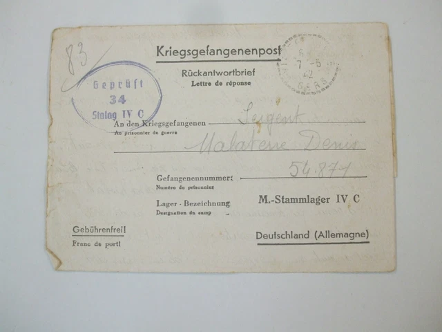 LETTRE PRISONNIER DE guerre, STALAG IVc 34, 7/5/1942, KGpost lettre de ...