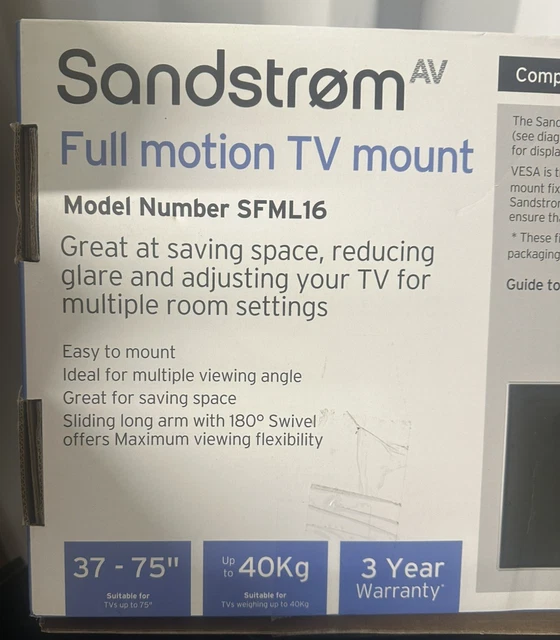 TV MOUNTING BRACKET Sandstrom full motion SFML16 tv 37-75” black £42.29 ...