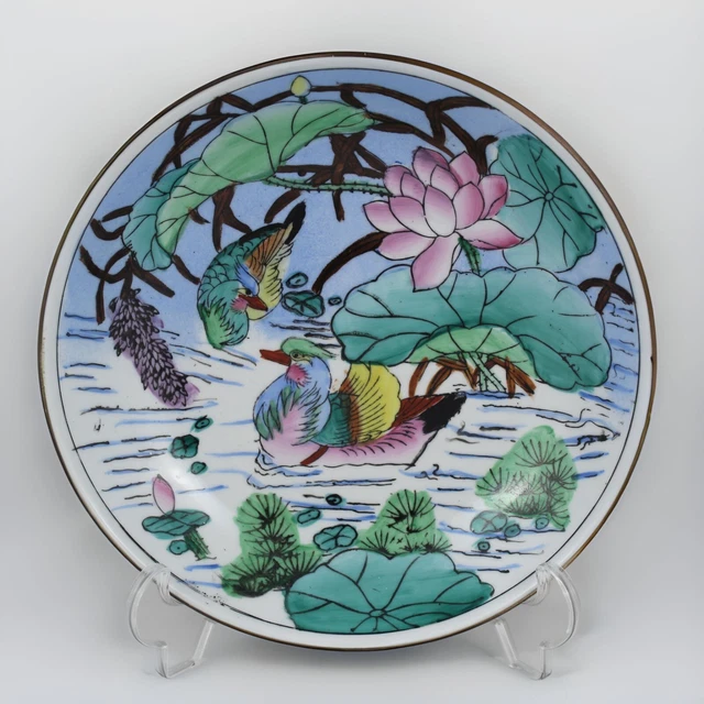 CHINA PORCELAIN PLATE 1950s Hand Painted Ducks Mandarins Flower Lotus ...