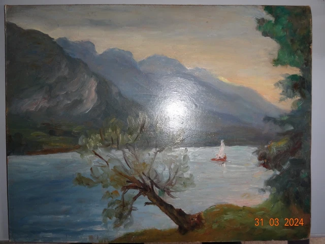 PEINTURE TABLEAU HUILE sur carton ancien lac de montagne inscription au dos EUR 50,00 - PicClick IT