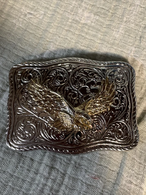 VINTAGE BELT BUCKLE Bald American Eagle Flying Bird Embossed Made In ...