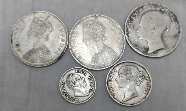 BRITISH INDIA QUEEN Victoria Rupee Coin Collection 5x Coins Antique ...