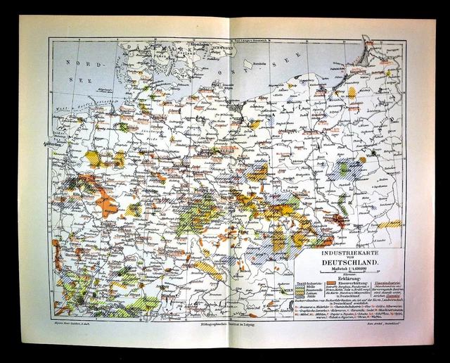 1902 ORIGINAL GEOGRAPHIC Map: Map of Industries of Germany.Meyers.- £10 ...
