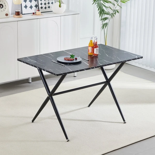 47& BLACK MARBLE MDF Table Top Dining Table X Shape Frame Dining Room ...