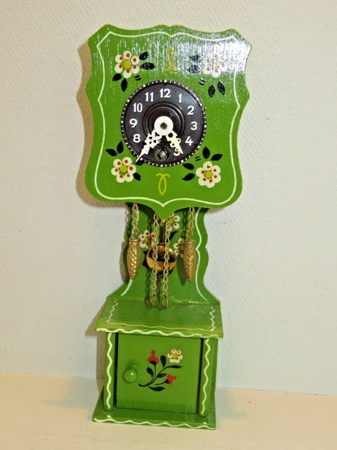 ANTIQUE MINIATURE GRANDFATHER Clock Green Painted w/Key & Pendulum ...
