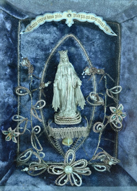 ANTIQUE ALTAR DISPLAY Case / Reliquary Box Virgin Mary 19th C Nuns ...