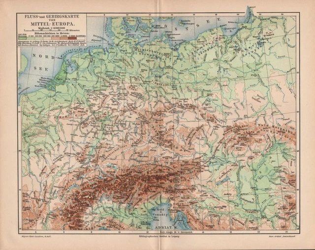 ANTIQUE MAP. CENTRAL EUROPE, GERMANY. PHYSICAL MAP OF CENTRAL EUROPE ...