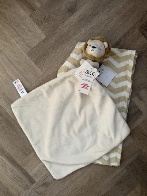 TU SAINSBURYS CREAM Lion Soft Toy Comforter & Zig Zag Muslin Cloth BNWT ...