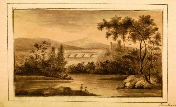 REGENCY LANDSCAPE FISHING In River Below Castle Monochrome Wash C1810 ...