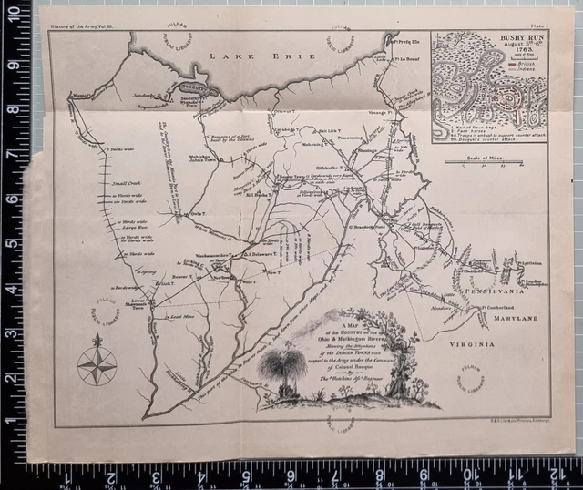 MAP/BATTLE PLAN OHIO & Mulkingun Rivers Indian Towns - Bushy Run 1763 ...