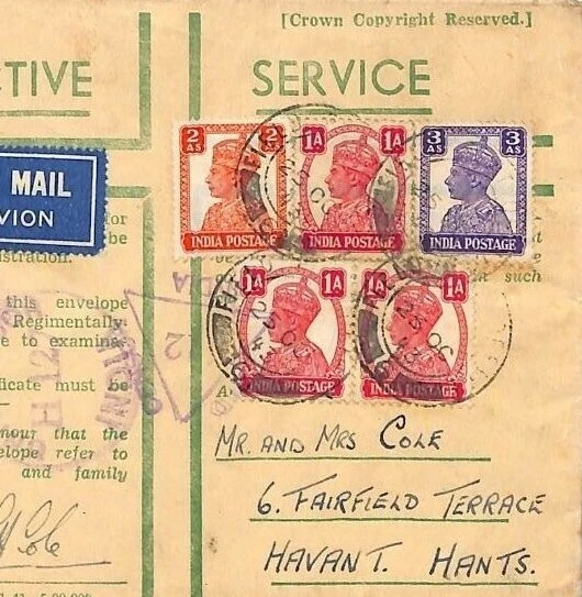 INDIA MILITARY WW2 Honour Envelope 1943 Air Mail Uprated Havant ...