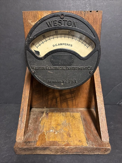 ANTIQUE WESTON ELECTRICAL Model 24 D.C. Amperes Gauge Meter on Oak Wood ...