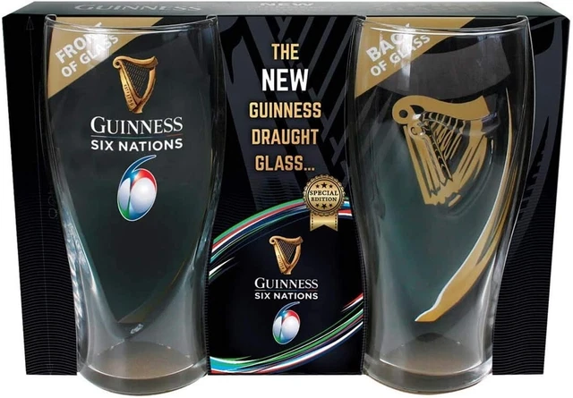 SIX NATIONS GUINNESS Logo Two-Pack Pint Glass Set With Embossed Gold Harp £19.99 - PicClick UK
