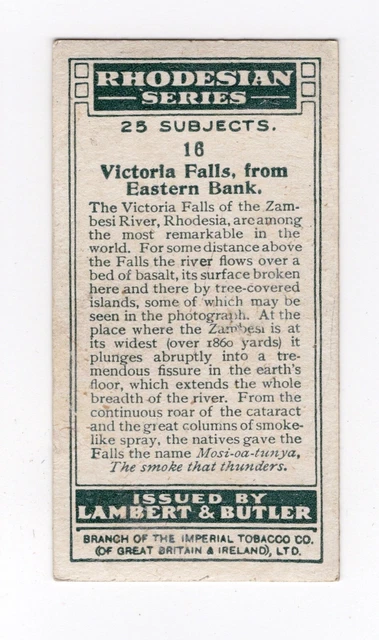 CIGARETTE CARD OF Rhodesia 1928 #16 Victoria Fall from the Eastern Bank ...