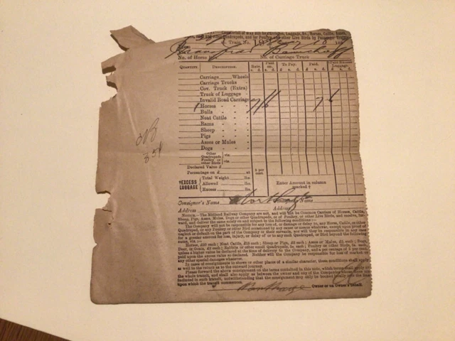 MIDLAND RAILWAY 1889 Counterfoil of Way bill for carriages A20706 £8.00 ...