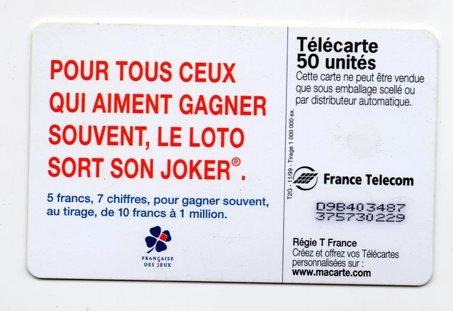 TELECARTE (CARTE TELEPHONIQUE) 1999 - LOTO JOKER - F1022 Puce OB1 50u ...