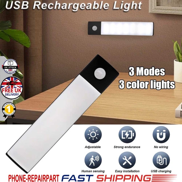 10CM STRIP BLACK Light LED PIR Motion Sensor Rechargeable Cabinet ...