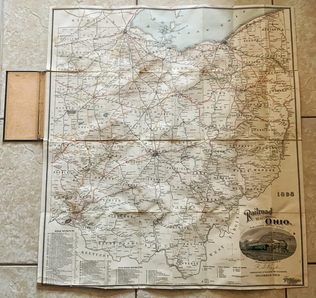 ANTIQUE 1898 OHIO state Railway map old railroad RR Columbus lithograph ...