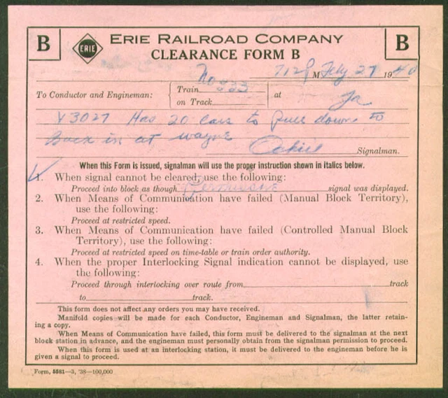 ERIE RAILROAD CLEARANCE Form B 1940 EUR 15,26 - PicClick DE