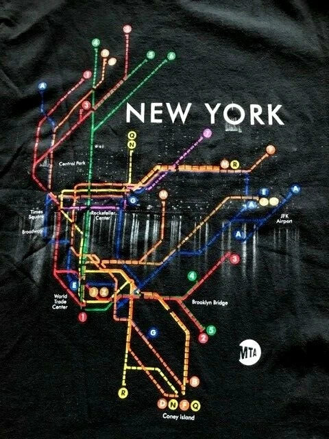 NEW YORK CITY Subway Line MTA Map T Shirt Black Large 100% Cotton Pre ...