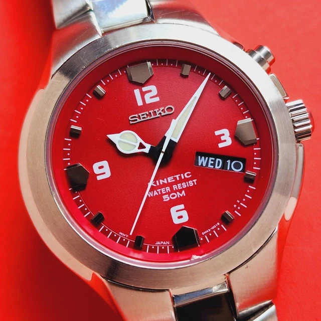 SEIKO KINETIC WATCH Rare Red Dial Day Date Bracelet 5M43-0E40 Mens For ...