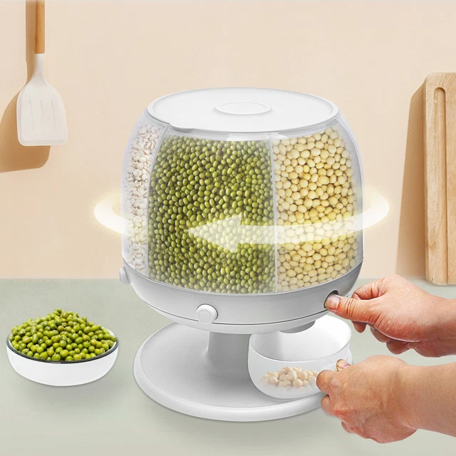 6COMPARTMENT 360° ROTATING Grain Storage Food Dispenser Rice Container ...