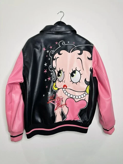 VINTAGE BETTY BOOP Varsity Bomber Leather Jacket Black & Pink Jacket - Xmas £116.39 - PicClick UK