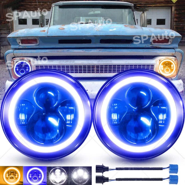 7& INCH ROUND LED Headlights Halo Angel Eyes Blue DRL For Chevy Truck ...