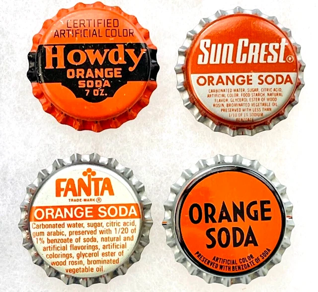 VINTAGE SODA BOTTLE Cap Lot 4 Metal Caps ORANGE Howdy Fanta Sun Crest ...