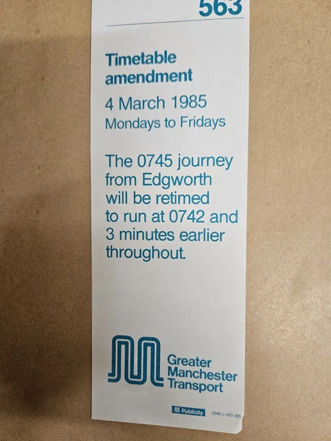 MANCHESTER AREA BUS Transport Timetable Leaflet 4 March 1985 CR2.307 £2 ...