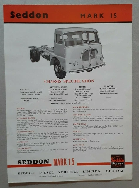 SEDDON DIESEL MARK 15 Truck Chassis Brochure c.1953 £14.99 - PicClick UK