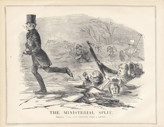 1853 PUNCH CARTOON Palmerston New Reform Bill Ice Skating Ministerial ...