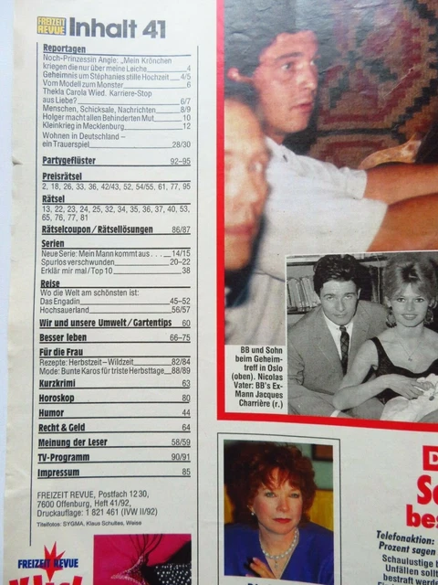 FREIZEIT REVUE NR 41/1992, Brigitte Bardot, Thekla Carola Wied, Peter ...