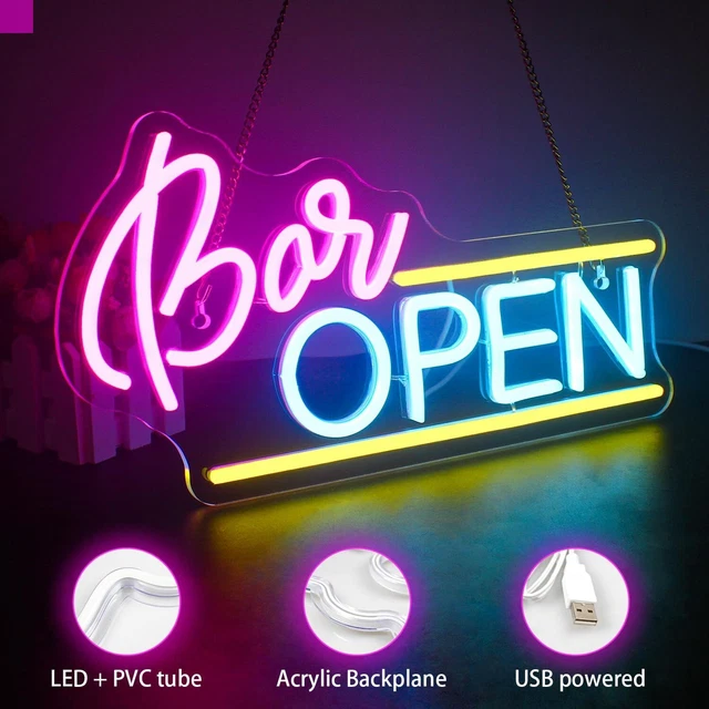 BAR OPEN NEON Signs LED Neon Light Dimmable USB Powered Wall Mount Club ...
