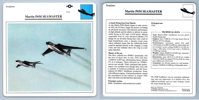 MARTIN P6M SEAMASTER - Seaplane - Warplanes Collectors Club Card £1.25 ...