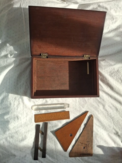 VINTAGE ANTIQUE MAHOGANY Technical Drawing Box with wood Draftsmans ...