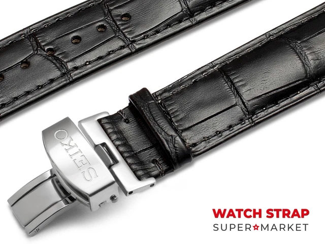 FOR SEIKO WATCH BLACK Genuine Leather Strap Band Bracelet & Silver ...