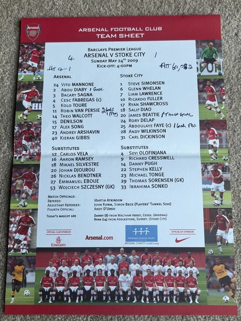 19 2008/2009 ARSENAL FC Team Sheet items, Premiership & Champions ...