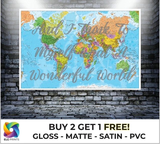 WORLD MAP ATLAS Wonderful World Quote Large Poster Art Print Gift ...